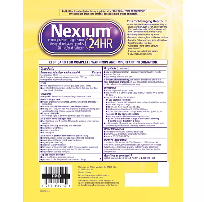 Nexium 24HR Acid Reducer 20mg., 42 Capsules, BLO10901 – B II CORP